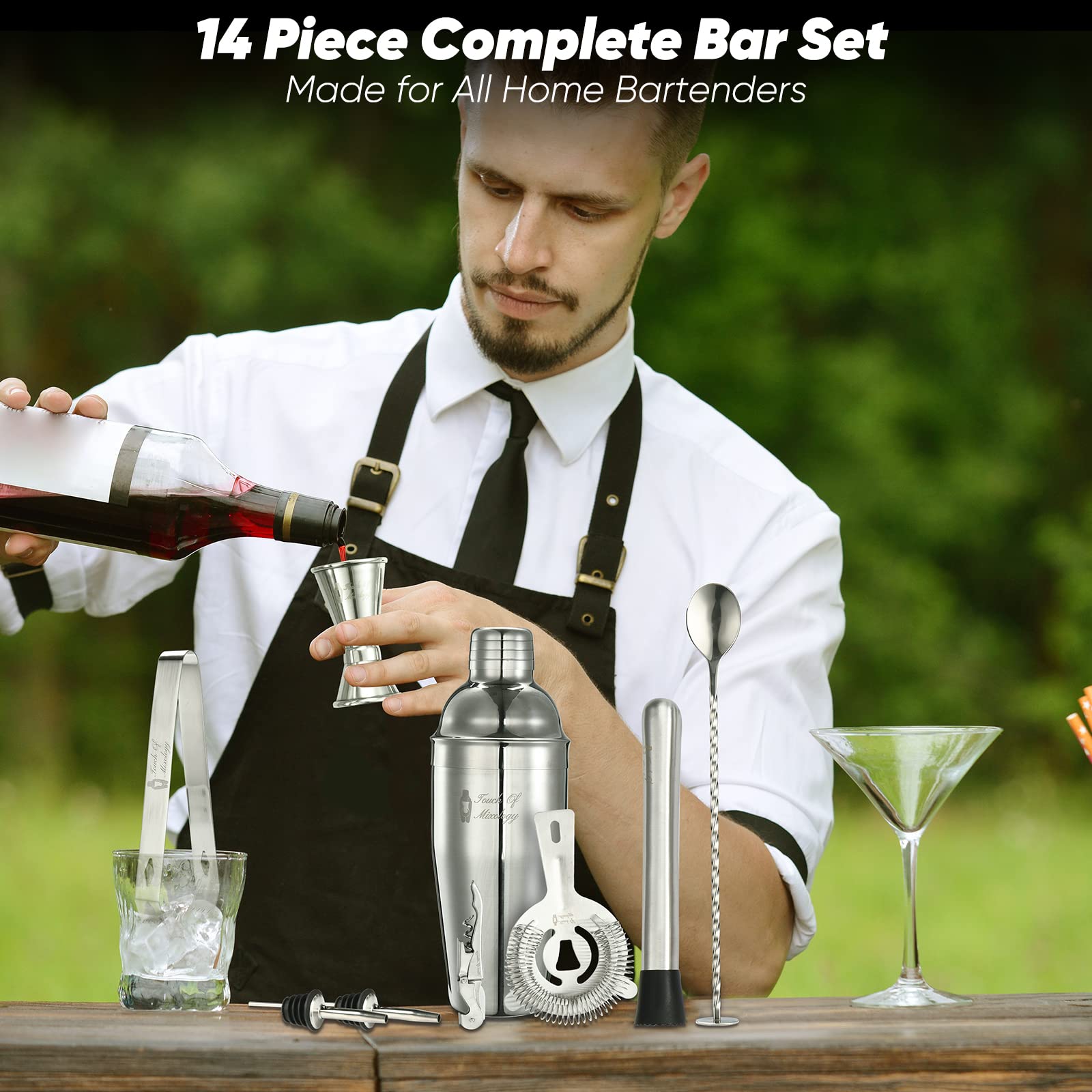 Touch of Mixology Bartender Kit - Bar Set Cocktail Shaker Set - Cocktail Kit Set - Bartending Kit - Bar Essentials for Home Bar Cart Accessories - Perfect Housewarming Gift 14 PC