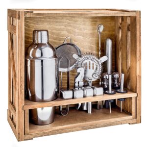 oyydecor 18 piece cocktail shaker set with rustic pine stand, gifts for men dad grandpa,stainless steel bartender kit bar tools set, home, bars, parties and traveling (silver)