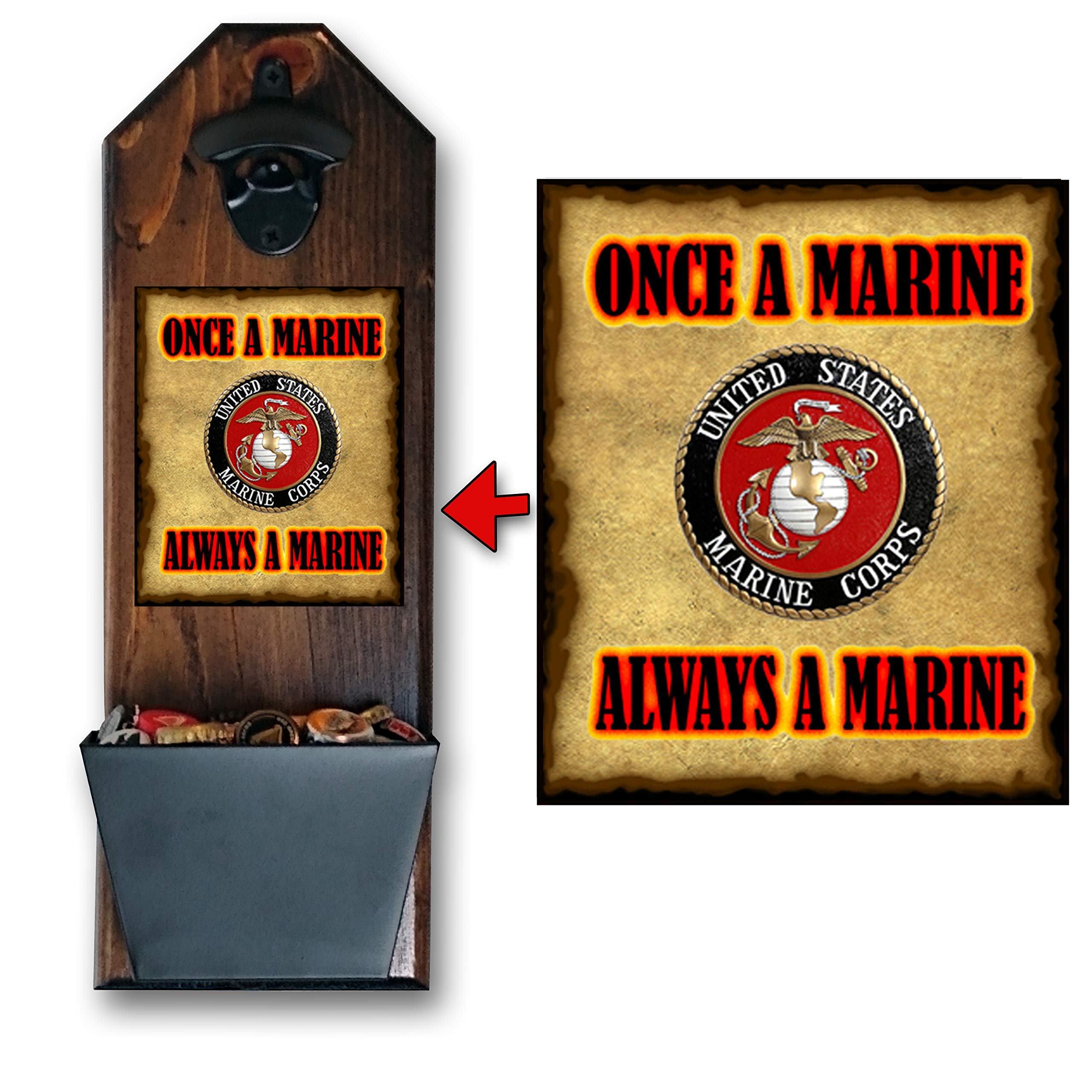 Marine Corps Bottle Opener and Cap Catcher, Wall Mounted - Handcrafted by a Vet - 100% Solid Pine 3/4" Thick - Officially Licensed # 19527 - Great Father's Day Gift