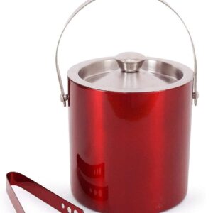 King International Stainless Steel Double Walled Insulated Red Ice Bucket with Lid & Handle, 1.75 LTR 84 Quarts, Ice Tong, Keeps Ice Cold for 6 Hours, Bar Tools for Home Bar Accessories, Mini Bar