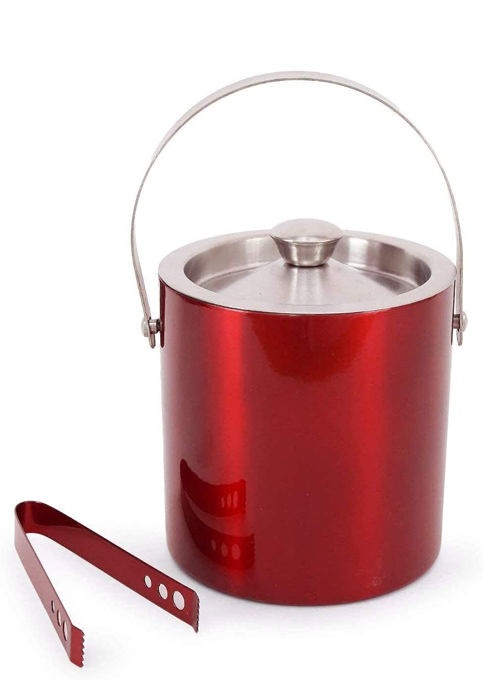 King International Stainless Steel Double Walled Insulated Red Ice Bucket with Lid & Handle, 1.75 LTR 84 Quarts, Ice Tong, Keeps Ice Cold for 6 Hours, Bar Tools for Home Bar Accessories, Mini Bar