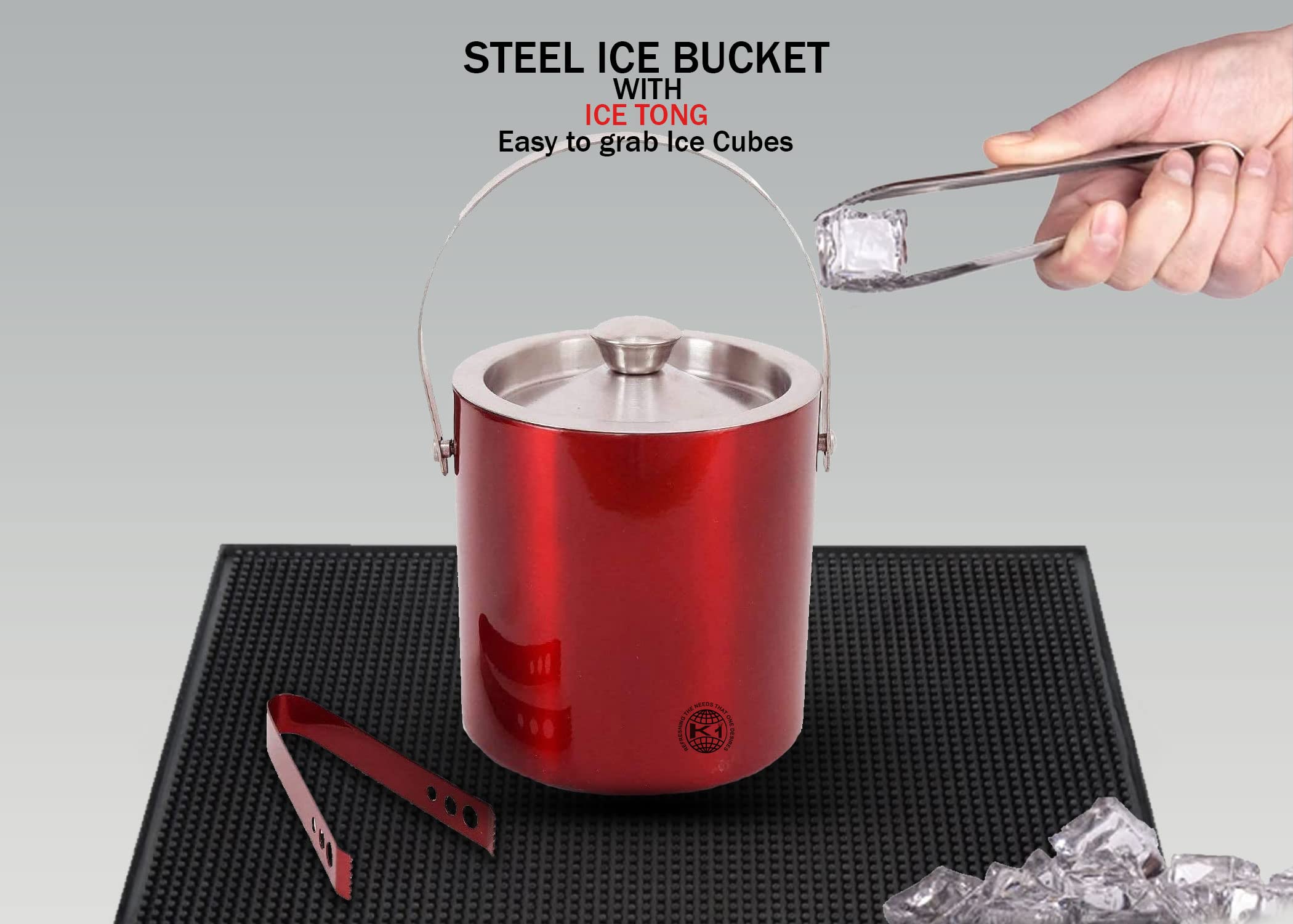 King International Stainless Steel Double Walled Insulated Red Ice Bucket with Lid & Handle, 1.75 LTR 84 Quarts, Ice Tong, Keeps Ice Cold for 6 Hours, Bar Tools for Home Bar Accessories, Mini Bar