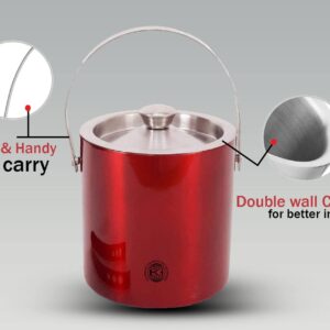 King International Stainless Steel Double Walled Insulated Red Ice Bucket with Lid & Handle, 1.75 LTR 84 Quarts, Ice Tong, Keeps Ice Cold for 6 Hours, Bar Tools for Home Bar Accessories, Mini Bar