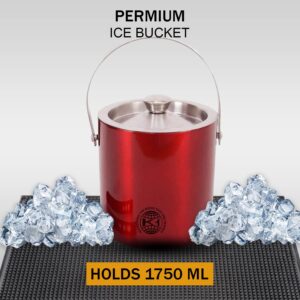 King International Stainless Steel Double Walled Insulated Red Ice Bucket with Lid & Handle, 1.75 LTR 84 Quarts, Ice Tong, Keeps Ice Cold for 6 Hours, Bar Tools for Home Bar Accessories, Mini Bar