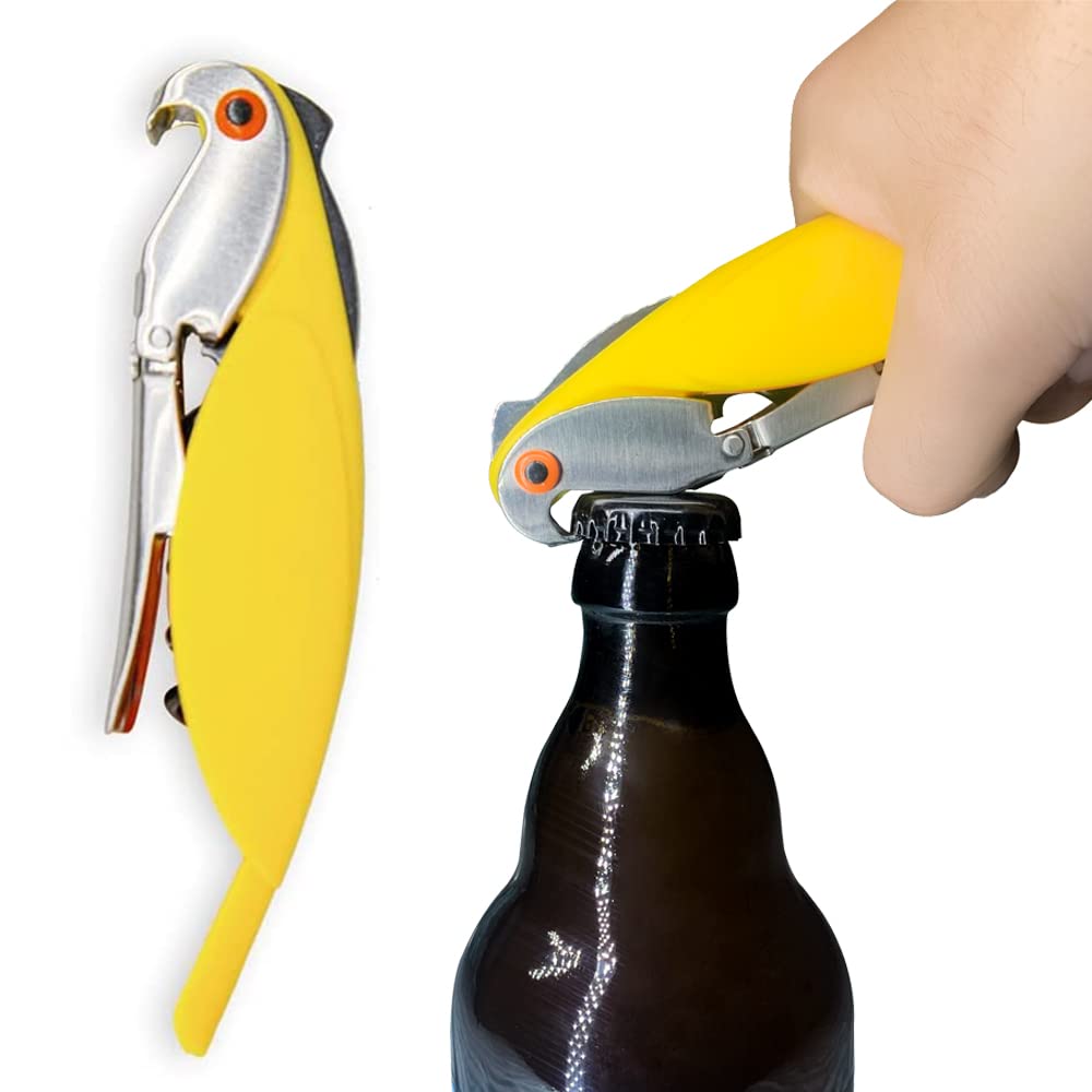 Parrot Beer Bottle Opener Stainless Steel Corkscrew for Dad Husband Girlfriend Boyfriend Man Woman Funny Novelty 2 Packs (two yellow)