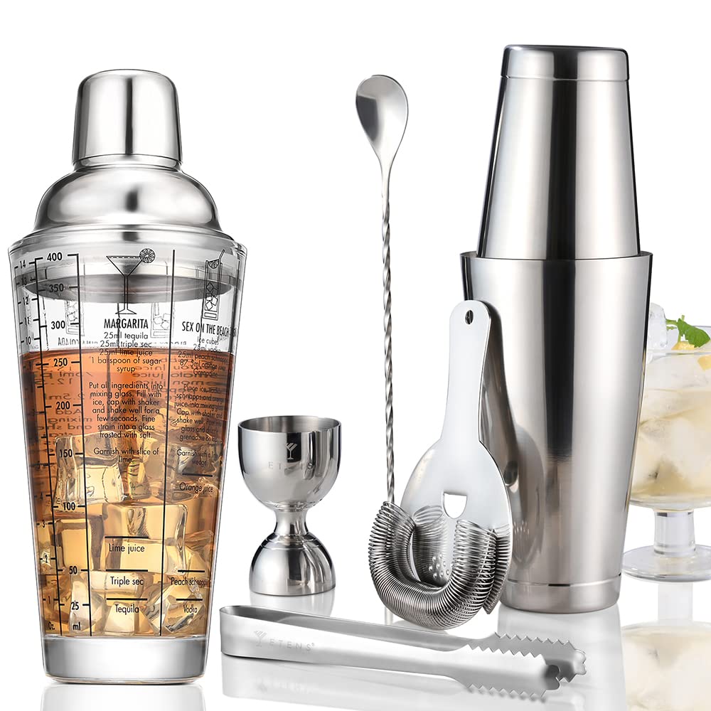 Etens Glass Cocktail Shaker and Boston Shaker Set Bundle - 14oz Clear Drink Shaker with Printed Recipes on Side/Professinal Bartender Shaker Set with Boston Shaking Tins