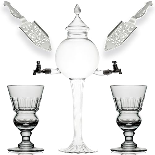 Absinthe Set - Glass Pearl Bubble Fountain Dripper with 2 Spouts, Absinthe Dripper Set, Complete with 2 Reservoir Pontarlier Glasses and Sugar Spoon Set