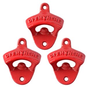 haiicen red cast iron beer bottle opener wall mounted bottle cap opener open here (pack of 3)