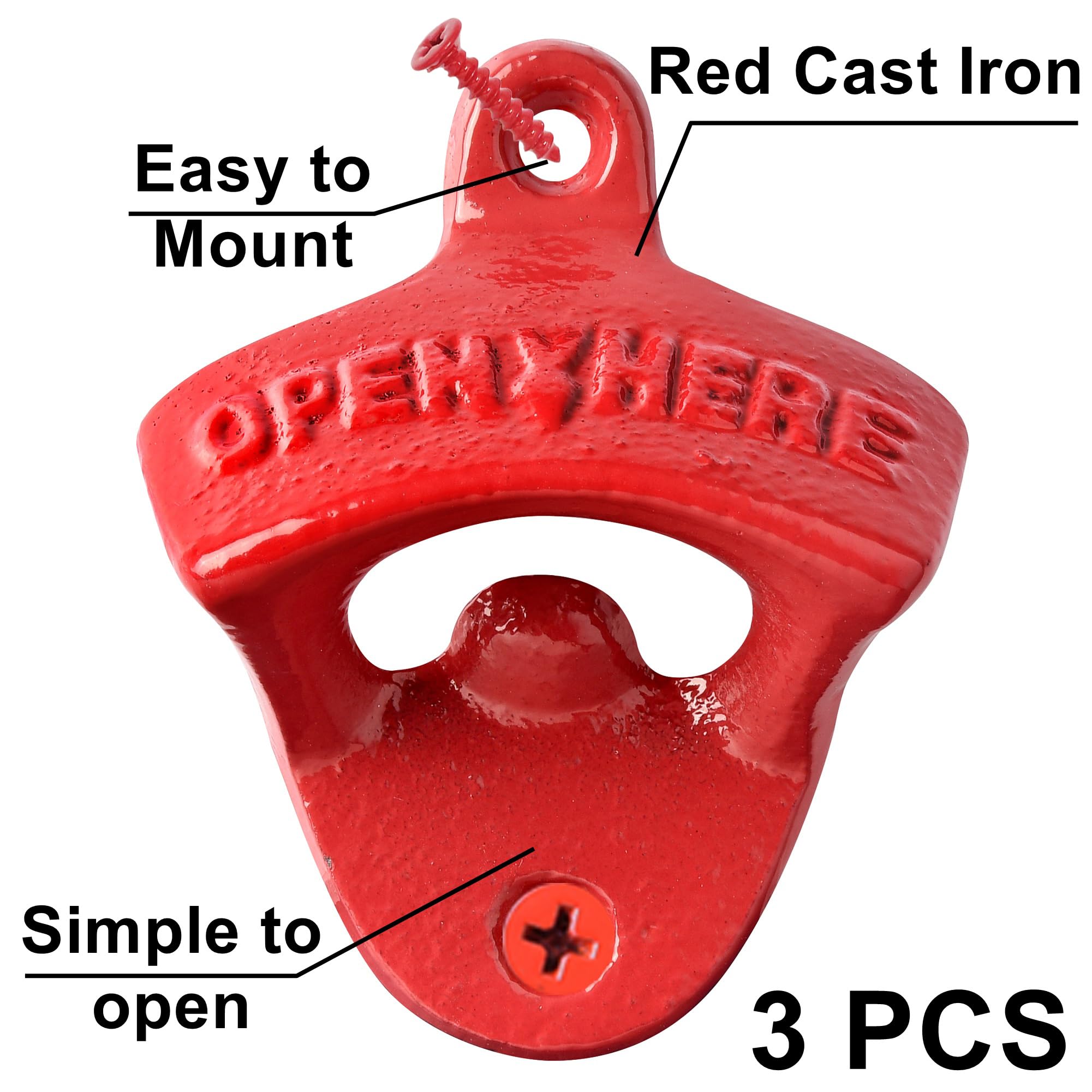 HAIICEN Red Cast Iron Beer Bottle Opener Wall Mounted Bottle Cap Opener Open Here (Pack of 3)