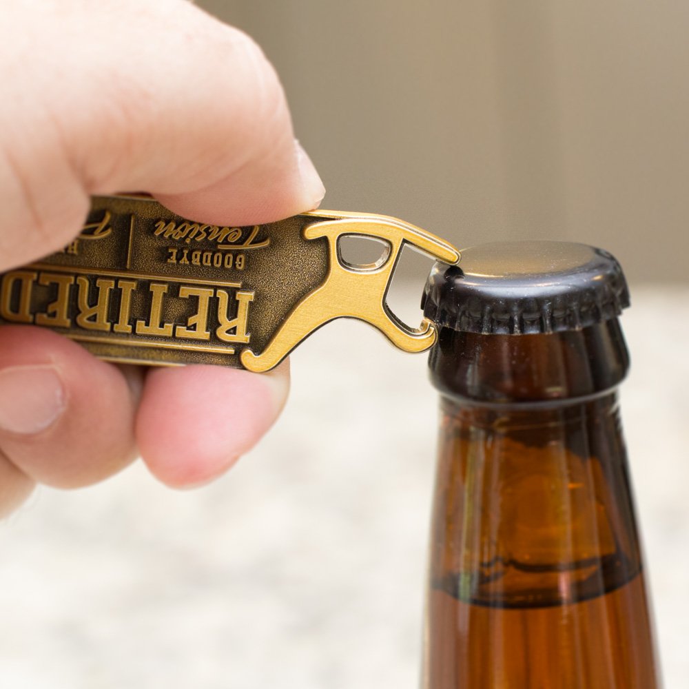 Retirement Gift - "Retired - Goodbye Tension, Hello Pension" Keychain and Bottle Opener