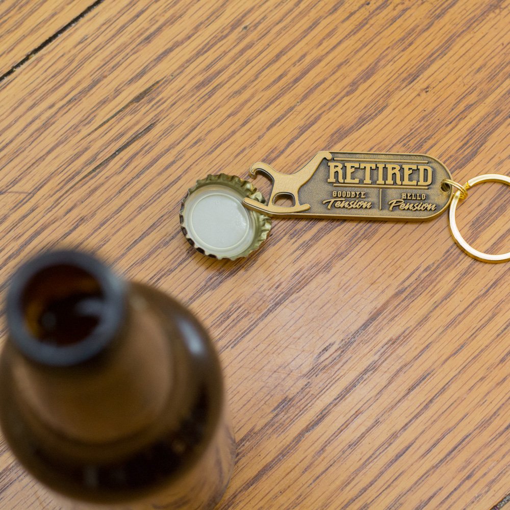 Retirement Gift - "Retired - Goodbye Tension, Hello Pension" Keychain and Bottle Opener