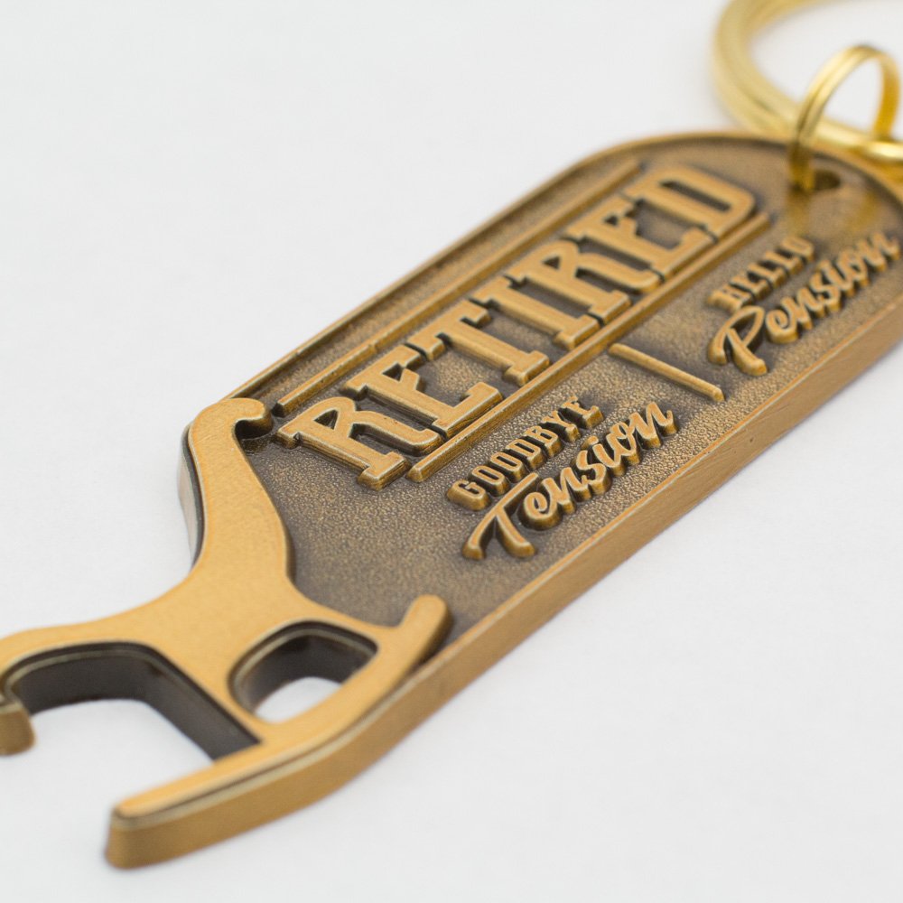 Retirement Gift - "Retired - Goodbye Tension, Hello Pension" Keychain and Bottle Opener