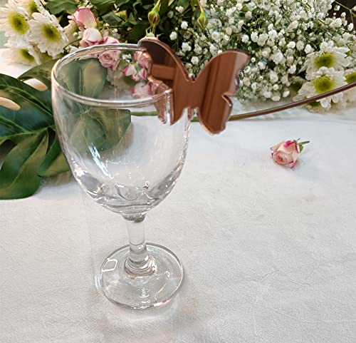 XIAOYUE 20pcs of Acrylic Drink Markers,Mirrored Butterfly Champagne Glass Markers,Blank Wedding Drink Charm,DIY Butterfly Place Names Wedding Favours (Rose Gold Mirror)