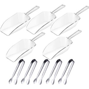 cszlove 5pcs ice tongs and 5pcs plastic measuring scoops, serving tongs food scoops set for sweet candy coffee ice bucket bar kitchen wedding birthday party, silver, clear, 4.3'', 8.2''