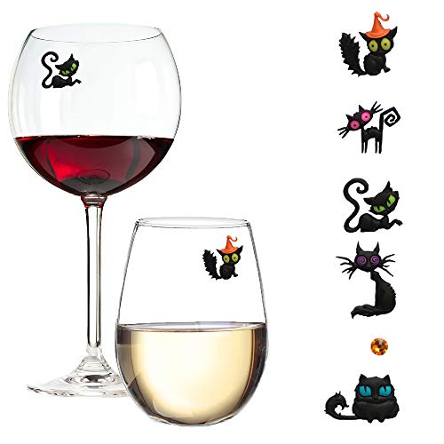 Simply Charmed Halloween Black Cat Magnetic Wine Glass Charms - Wine Magnet Drink Markers Set of 6