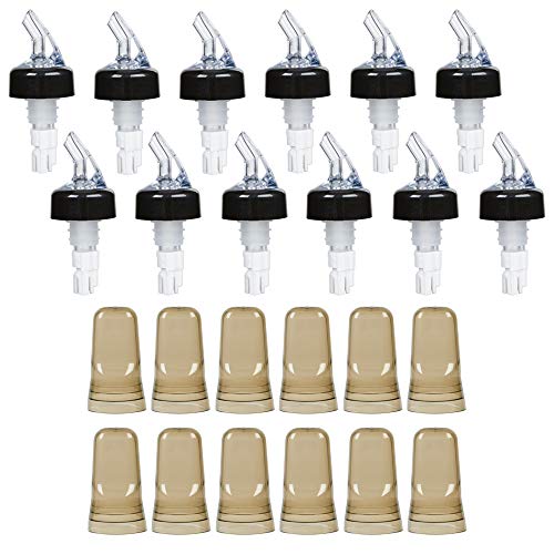 (12 pcs) 2 oz. Measured Liquor Pourers with Dust Covers (12 pcs), Clear Spout Pourer with White Tail and Black Collar plus Cover Cap, 24-Piece Combo Set