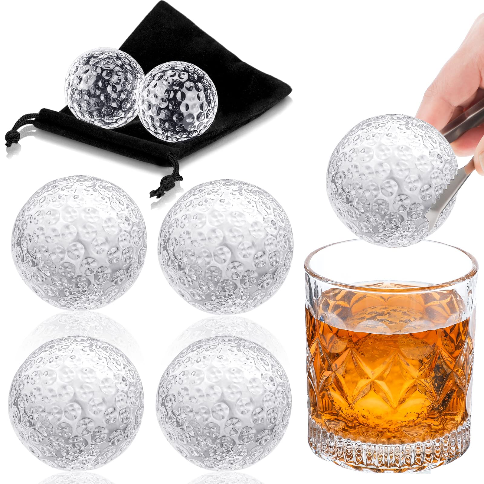 4 Sets Golf Ball Whiskey Chillers Glass Whiskey Rocks with Pouch Chilling Rocks Whiskey Rocks Valentine's Day Gift Set for Men Reusable Bourbon Balls for Chilling Bar Accessories (1.97 Inch)