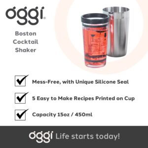 OGGI Boston Cocktail Shaker - Glass/Stainless Steel, 5 Recipes, 15oz - Mess Free Design, Home Bar Boston Style Drink Mixer, Bartender Kit, Essential Bar Accessories