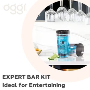 OGGI Boston Cocktail Shaker - Glass/Stainless Steel, 5 Recipes, 15oz - Mess Free Design, Home Bar Boston Style Drink Mixer, Bartender Kit, Essential Bar Accessories