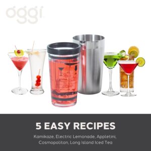 OGGI Boston Cocktail Shaker - Glass/Stainless Steel, 5 Recipes, 15oz - Mess Free Design, Home Bar Boston Style Drink Mixer, Bartender Kit, Essential Bar Accessories