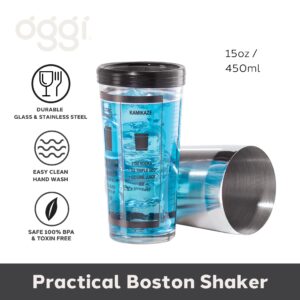 OGGI Boston Cocktail Shaker - Glass/Stainless Steel, 5 Recipes, 15oz - Mess Free Design, Home Bar Boston Style Drink Mixer, Bartender Kit, Essential Bar Accessories