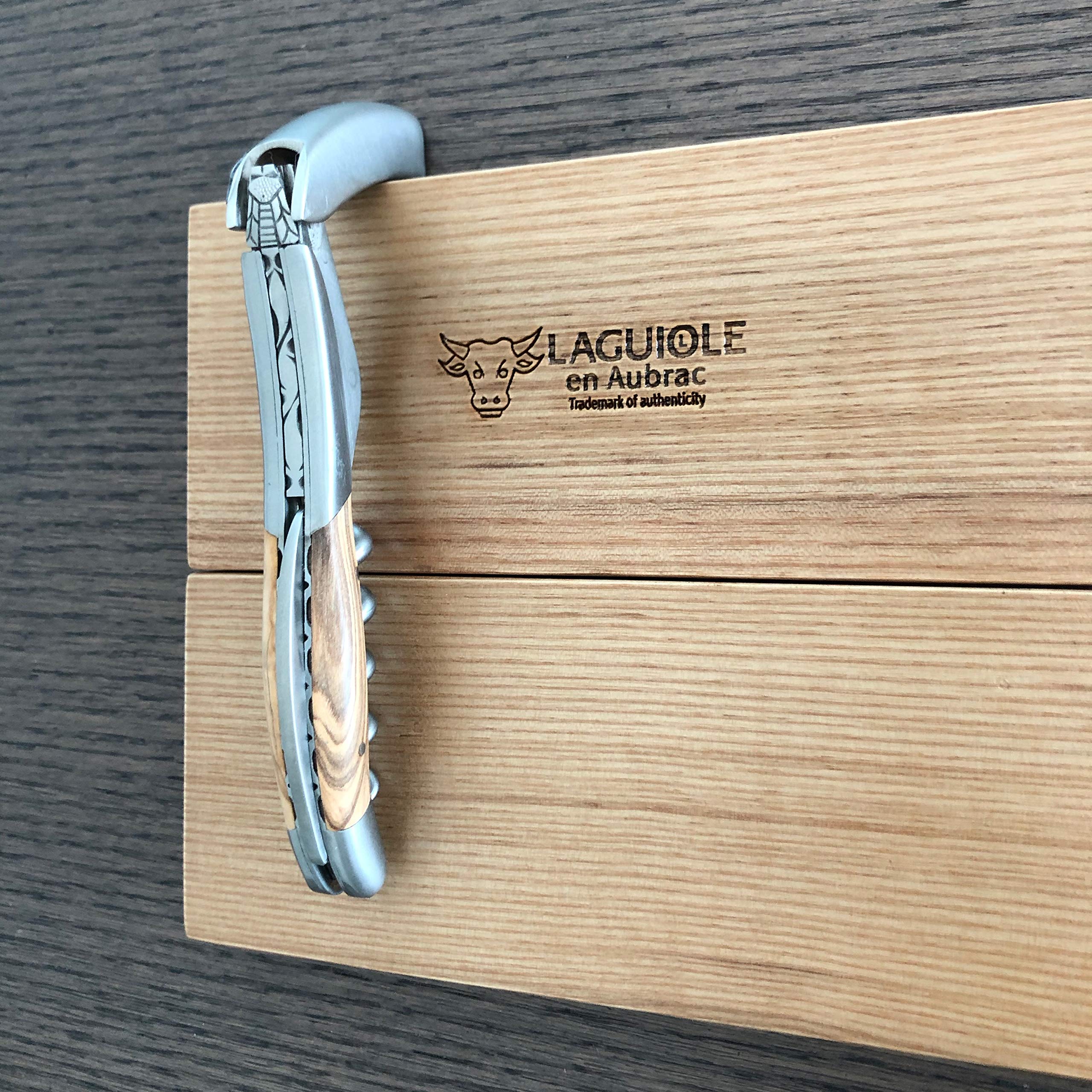 Laguiole En Aubrac Sommelier DeLuxe No 7 Waiter's Corkscrew, Olive Wood Handle, Wine Opener With Foil Cutter & Bottle Opener | Special Crafting Along The Luxury Corkscrew