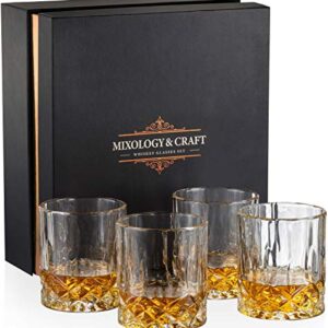 Mixology & Craft - Whiskey Glasses Gift Set of 4 Rocks Glasses - 10oz Crystal Old Fashioned Whiskey Glasses with a Gift Box | Perfect for Scotch, Bourbon, Cognac and Cocktails - Whiskey Gifts for Men