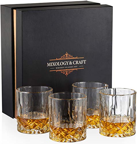 Mixology & Craft - Whiskey Glasses Gift Set of 4 Rocks Glasses - 10oz Crystal Old Fashioned Whiskey Glasses with a Gift Box | Perfect for Scotch, Bourbon, Cognac and Cocktails - Whiskey Gifts for Men