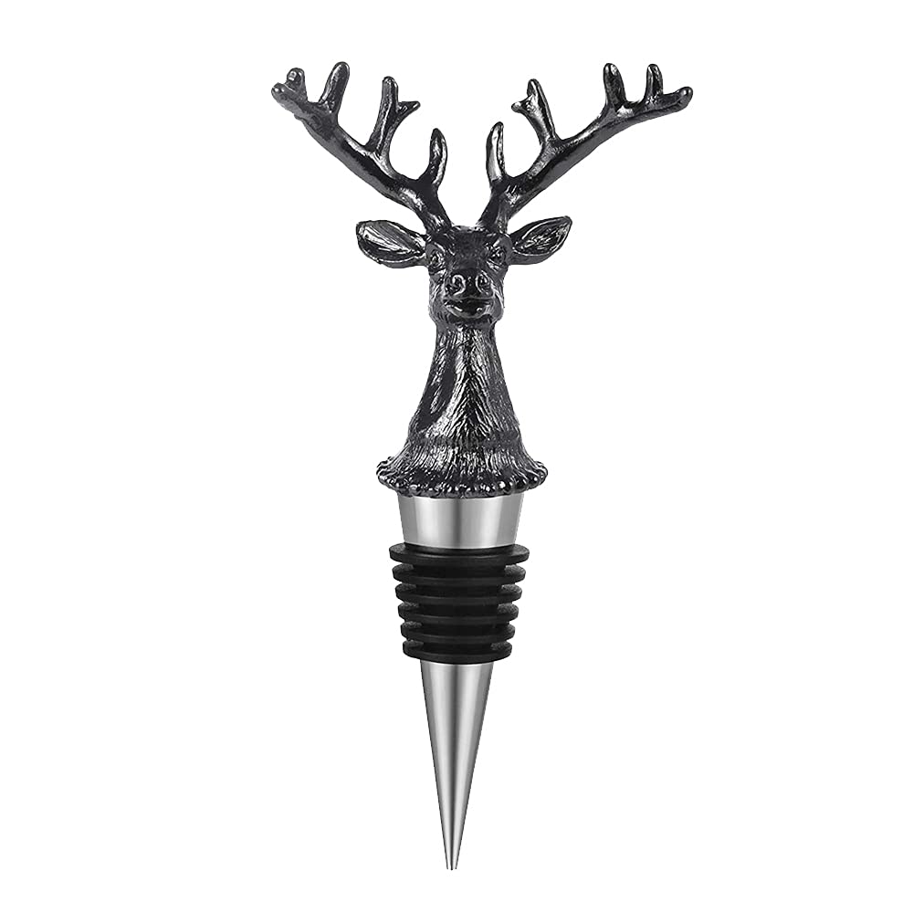 Wine Bottle Stopper Airtight Seal-Decorative Deer Stainless Steel Antlers Animal Elk Black Bottle Topper for Wine &Beverage Plug