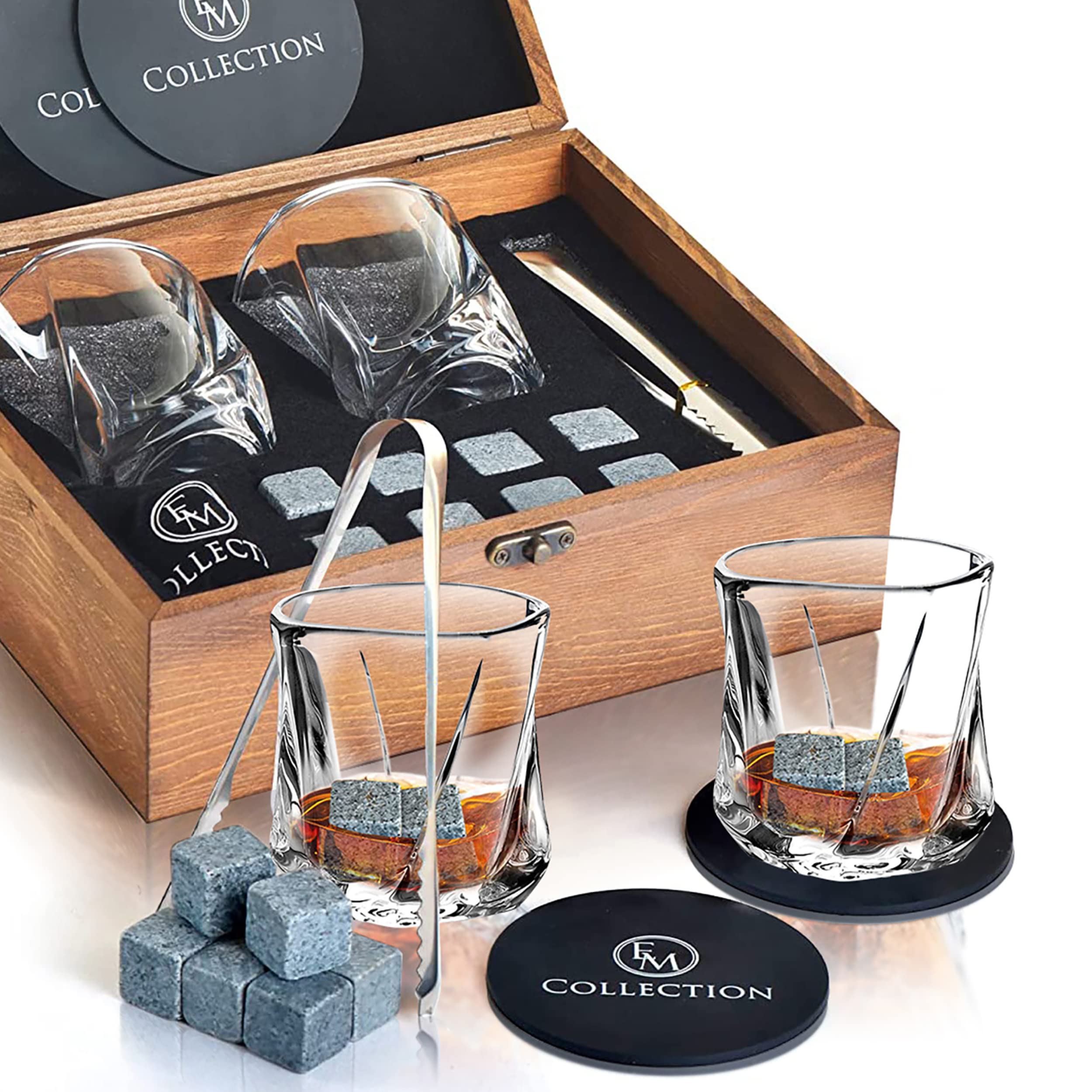 EMCOLLECTION Whiskey Glasses | Whisky Stone Gift Set | Bourbon Glasses | Old Fashioned Glasses Set of 2 | Wiskey Chilling Stone | Coasters, Forceps | Cooling Whiskey Stones