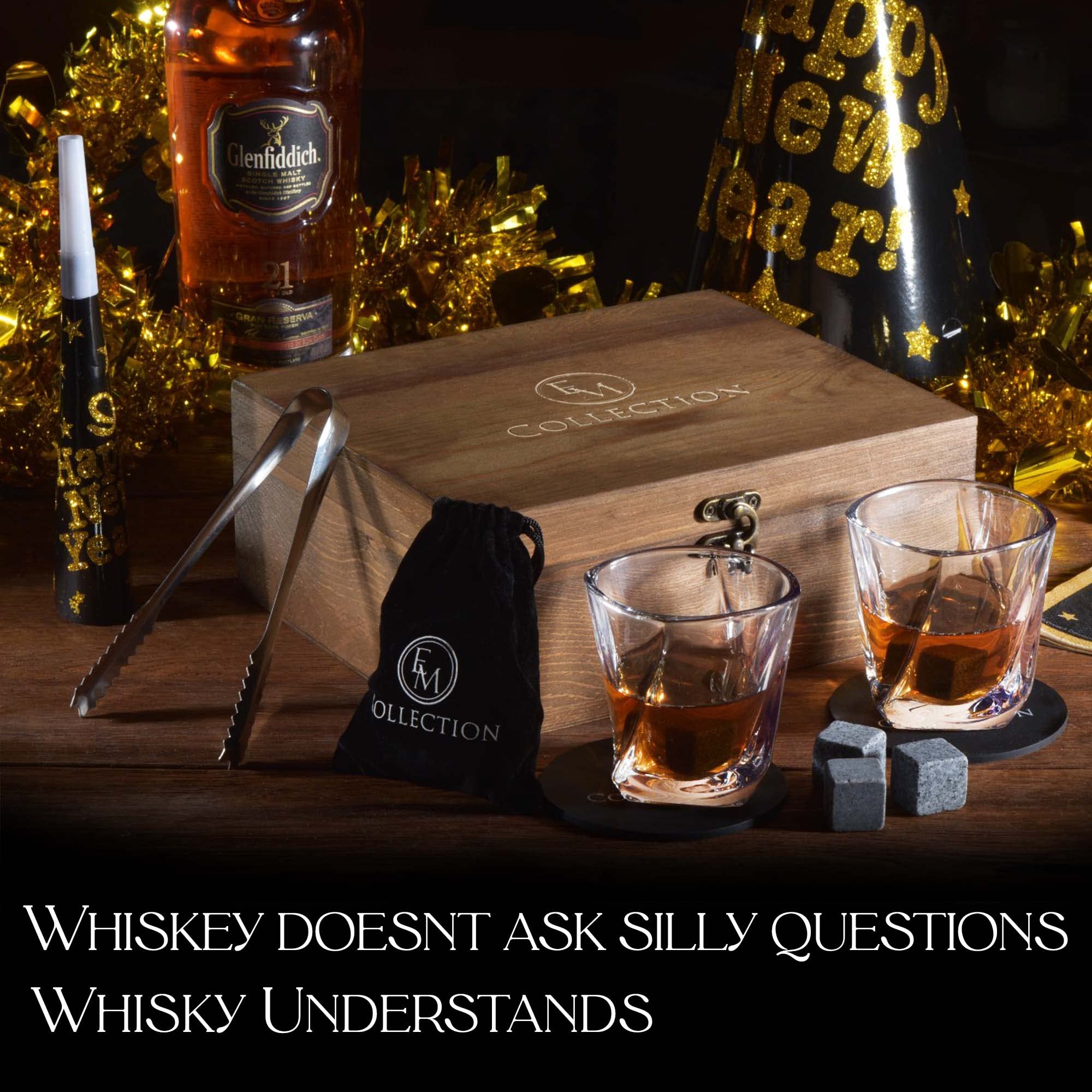 EMCOLLECTION Whiskey Glasses | Whisky Stone Gift Set | Bourbon Glasses | Old Fashioned Glasses Set of 2 | Wiskey Chilling Stone | Coasters, Forceps | Cooling Whiskey Stones