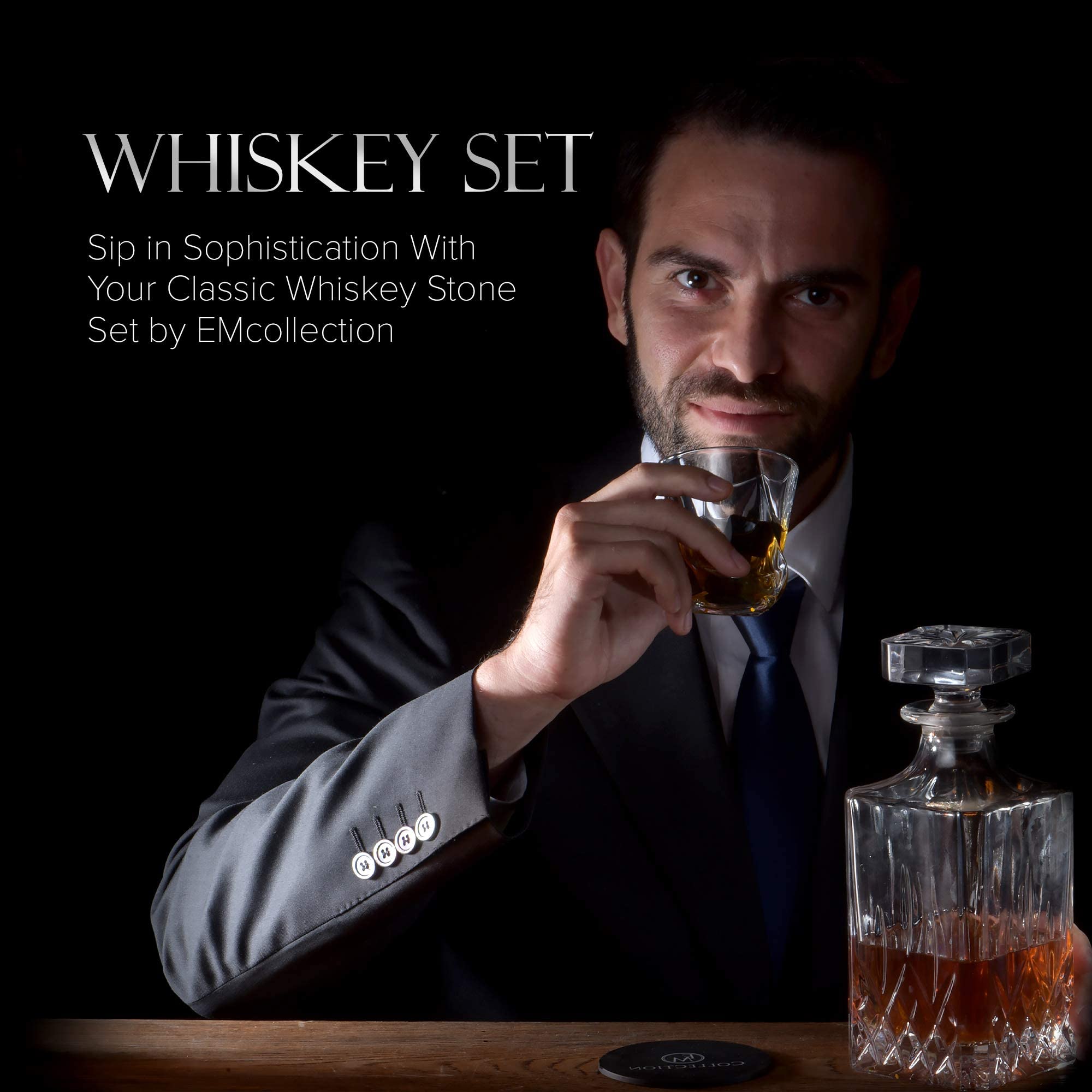 EMCOLLECTION Whiskey Glasses | Whisky Stone Gift Set | Bourbon Glasses | Old Fashioned Glasses Set of 2 | Wiskey Chilling Stone | Coasters, Forceps | Cooling Whiskey Stones