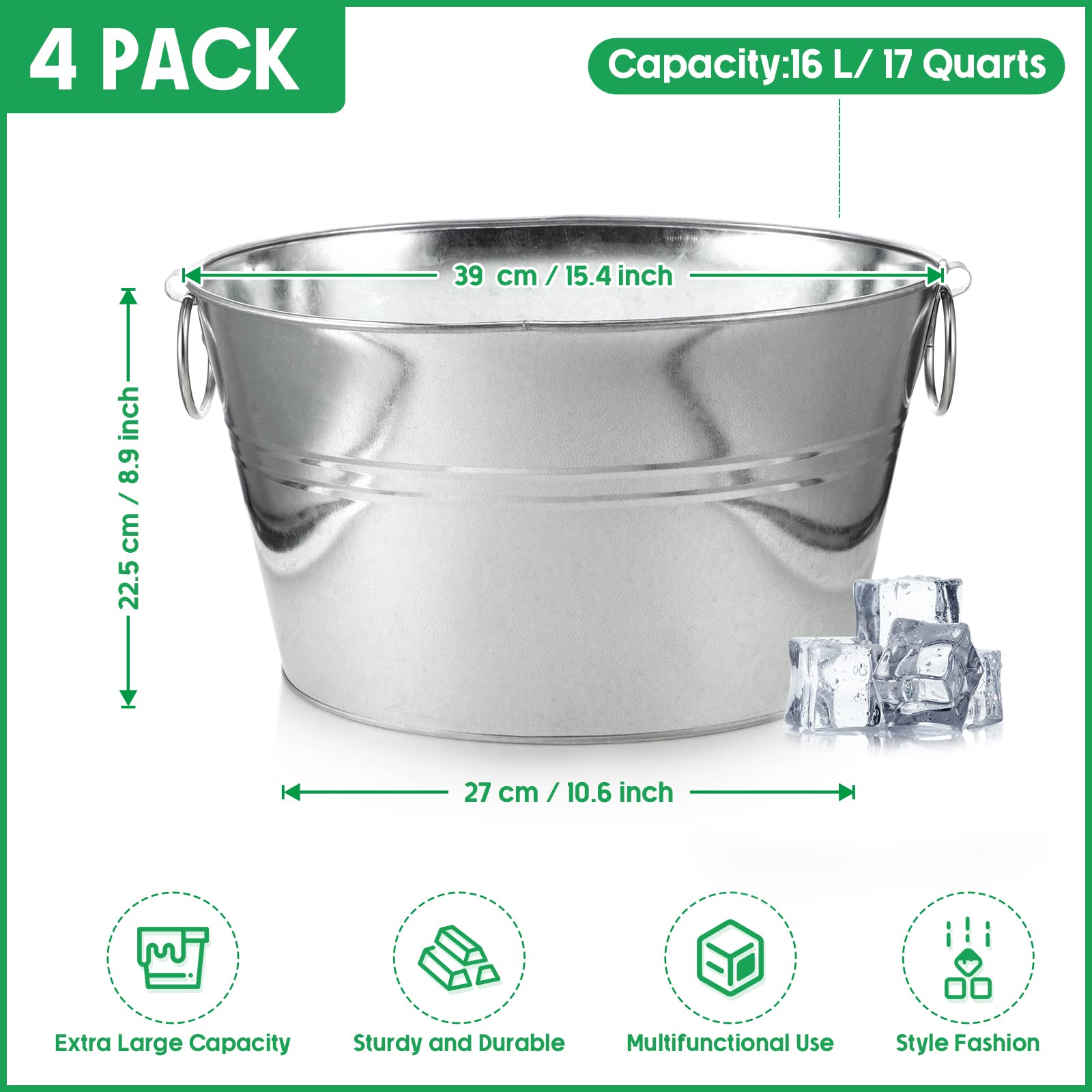 Zopeal 4 Pack 4 Gallon Galvanized Oval Beverage Tub, Ice and Drink Bucket for Parties, Extra Large Metal Drink Tub with Double Hinged Handle Party Drink Chiller for Christmas Parties Buffet BBQ