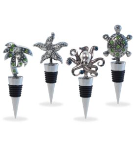 cheers sea turtle, starfish, palm tree, octopus metal wine stopper set of 4 – fun vacuum seal reusable wine bottle stoppers – airtight leak proof bottle topper cork plug – home bar accessory