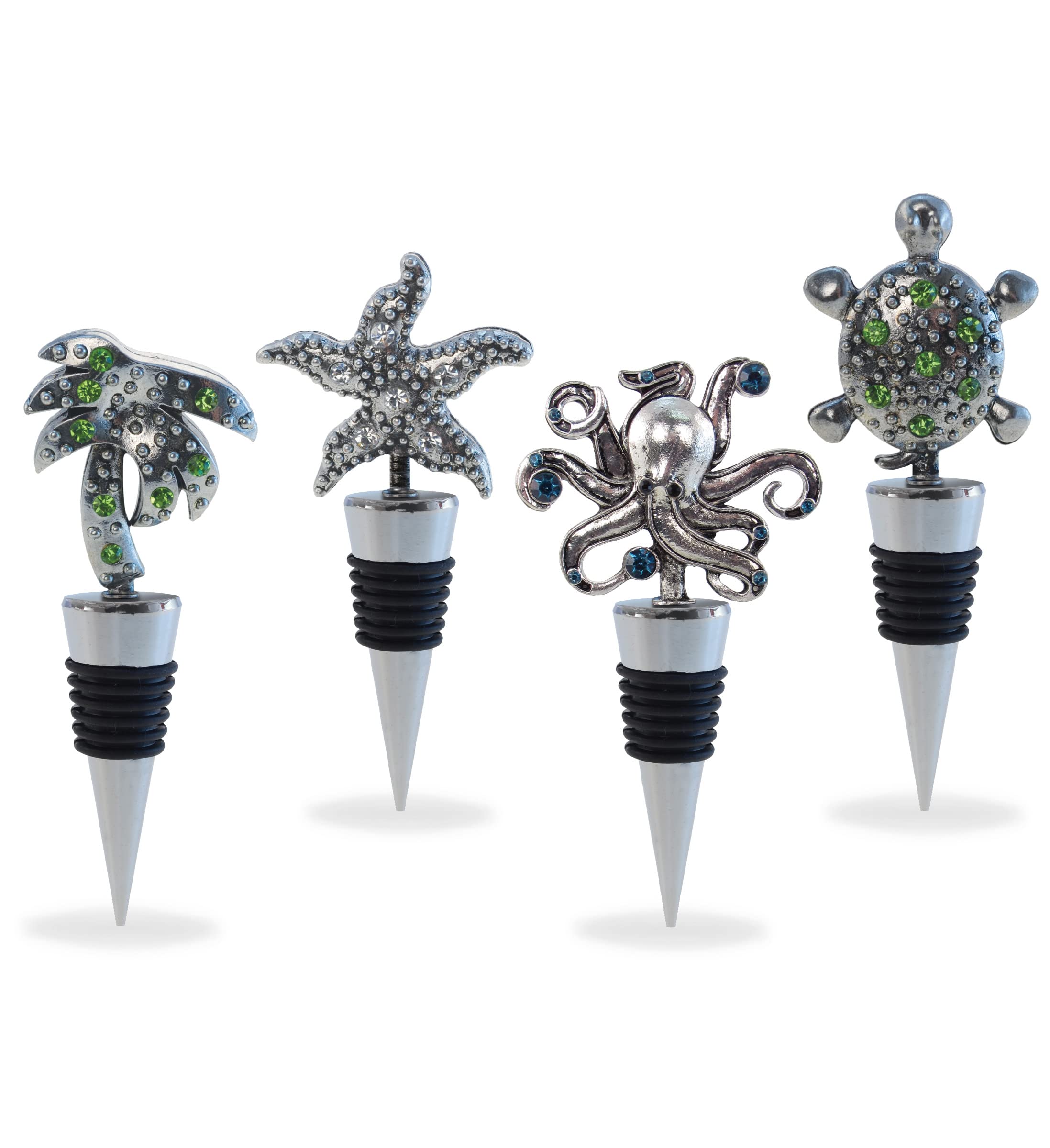 Cheers Sea Turtle, Starfish, Palm Tree, Octopus Metal Wine Stopper Set of 4 – Fun Vacuum Seal Reusable Wine Bottle Stoppers – Airtight Leak Proof Bottle Topper Cork Plug – Home Bar Accessory