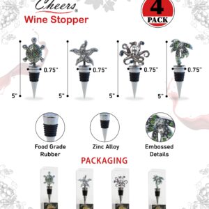 Cheers Sea Turtle, Starfish, Palm Tree, Octopus Metal Wine Stopper Set of 4 – Fun Vacuum Seal Reusable Wine Bottle Stoppers – Airtight Leak Proof Bottle Topper Cork Plug – Home Bar Accessory