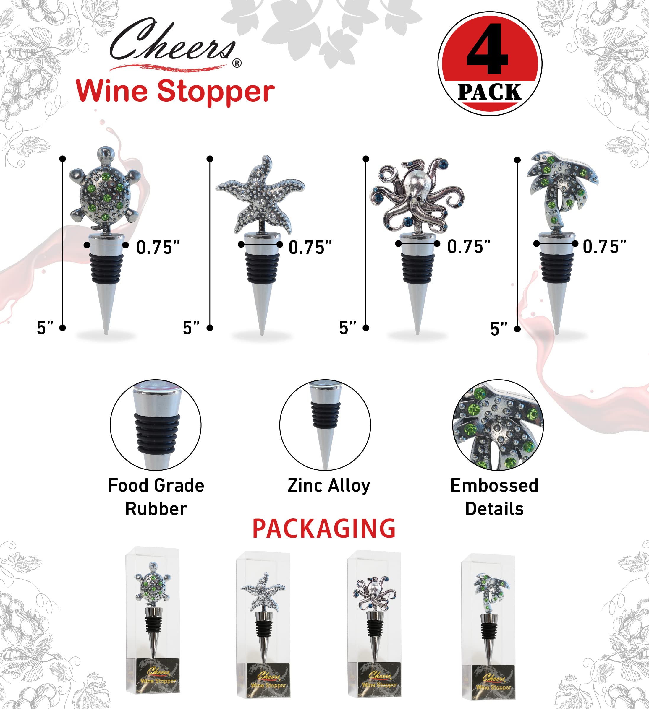 Cheers Sea Turtle, Starfish, Palm Tree, Octopus Metal Wine Stopper Set of 4 – Fun Vacuum Seal Reusable Wine Bottle Stoppers – Airtight Leak Proof Bottle Topper Cork Plug – Home Bar Accessory