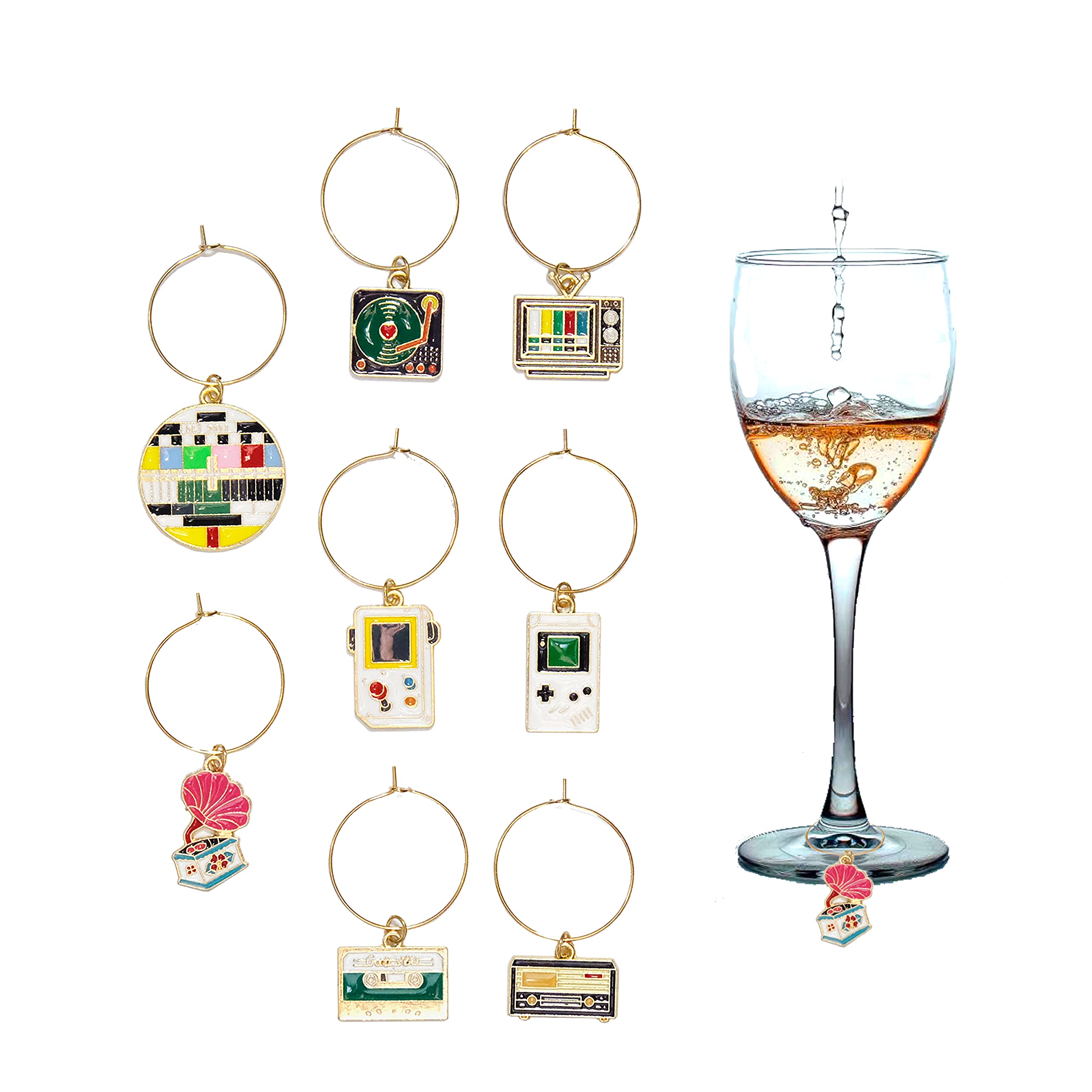 LeYeLuo Wine Charms for Stem Glasses,Holiday Themed Wine Charms for Family Friends Party.(80's vintage Themed Set of 8)