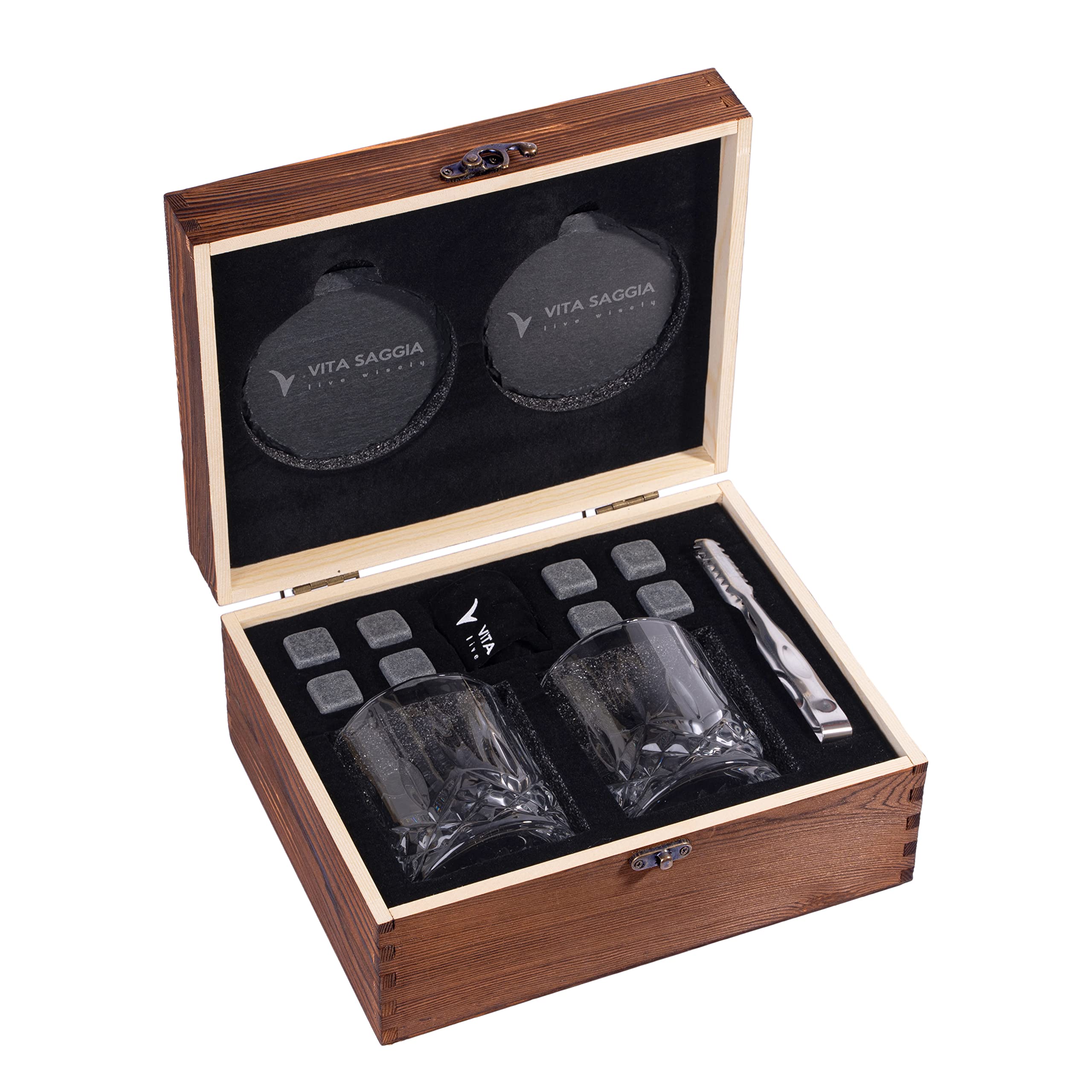 Luxury Whiskey Glass Set of 2, Gift Set in Wooden Box, Includes 8 Whiskey Ice Stones, Velvet Bag and Stainless Steel Tongs. Great Gift for Men, Dad, Christmas. (14)