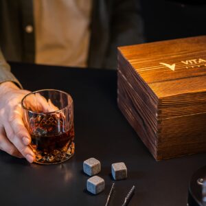 Luxury Whiskey Glass Set of 2, Gift Set in Wooden Box, Includes 8 Whiskey Ice Stones, Velvet Bag and Stainless Steel Tongs. Great Gift for Men, Dad, Christmas. (14)