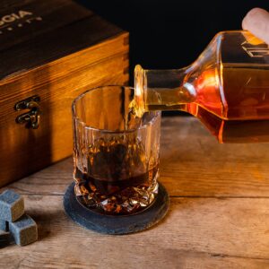 Luxury Whiskey Glass Set of 2, Gift Set in Wooden Box, Includes 8 Whiskey Ice Stones, Velvet Bag and Stainless Steel Tongs. Great Gift for Men, Dad, Christmas. (14)