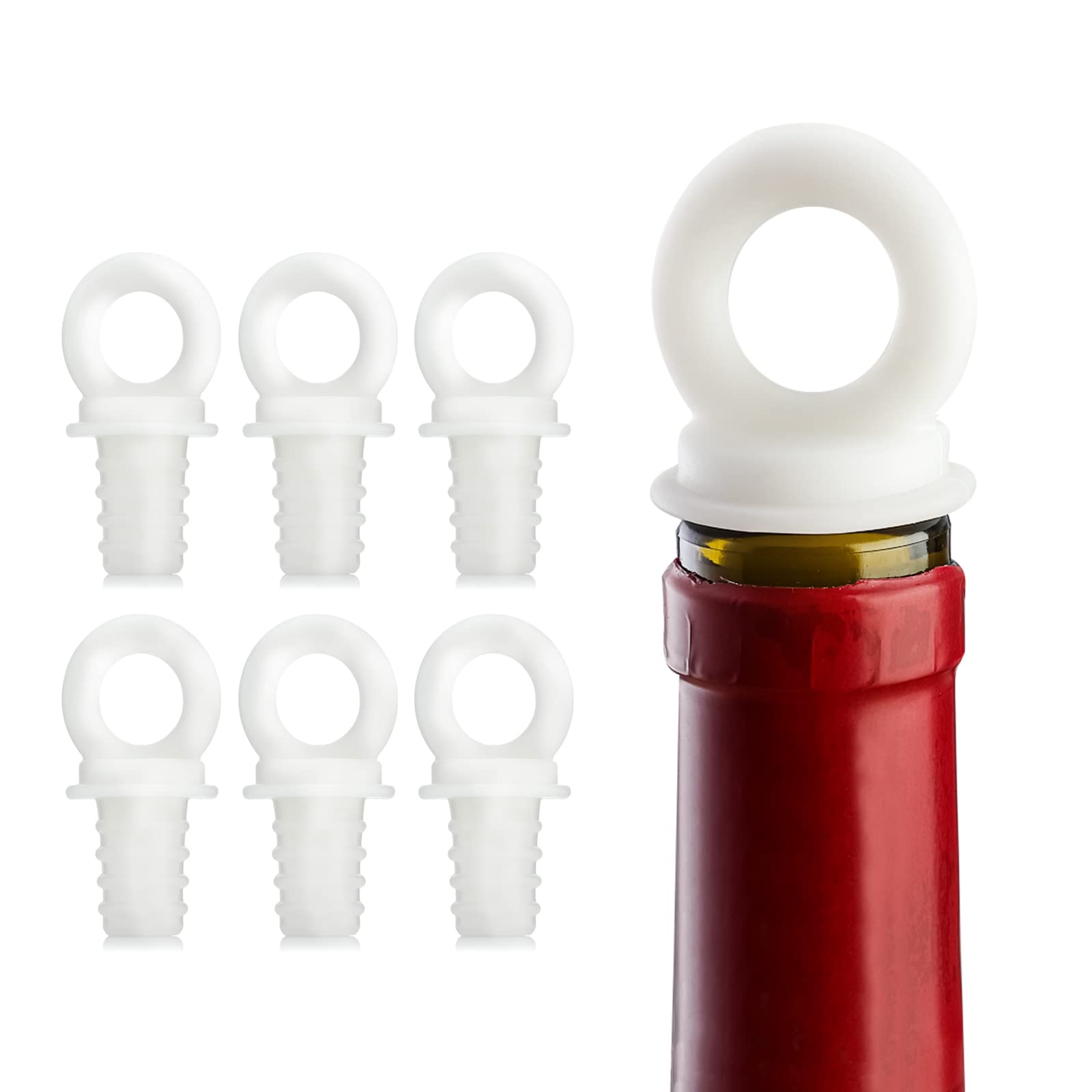 WOTOR Wine Stoppers for Wine Bottles，Reusable Silicone Wine Bottle Stopper with Ring Pull on Top for Keep the Wine Fresh, Set of 6, White