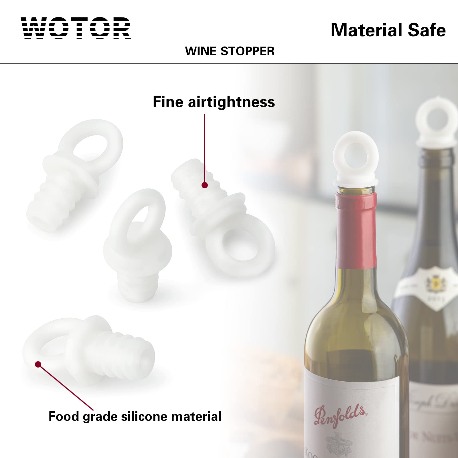 WOTOR Wine Stoppers for Wine Bottles，Reusable Silicone Wine Bottle Stopper with Ring Pull on Top for Keep the Wine Fresh, Set of 6, White