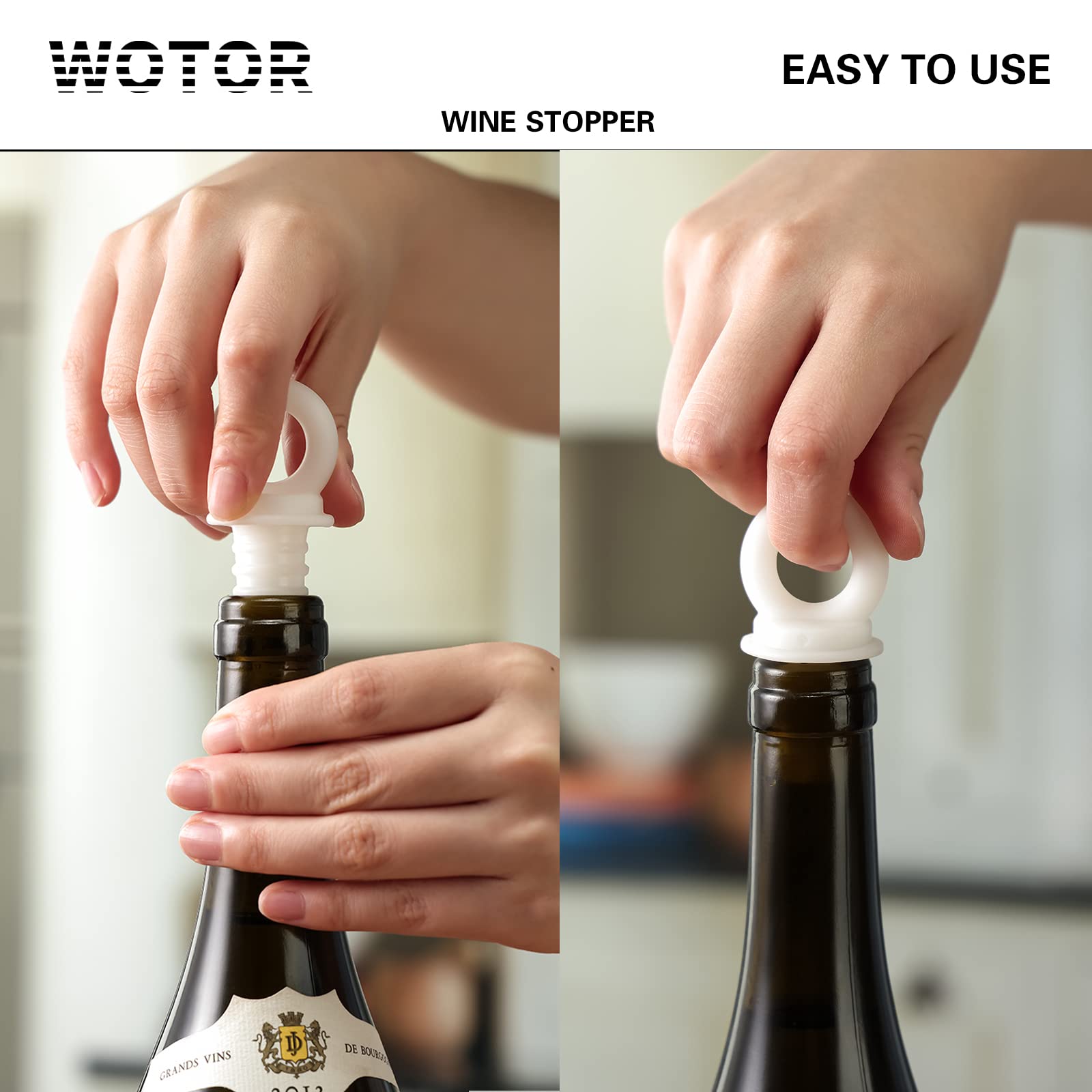 WOTOR Wine Stoppers for Wine Bottles，Reusable Silicone Wine Bottle Stopper with Ring Pull on Top for Keep the Wine Fresh, Set of 6, White