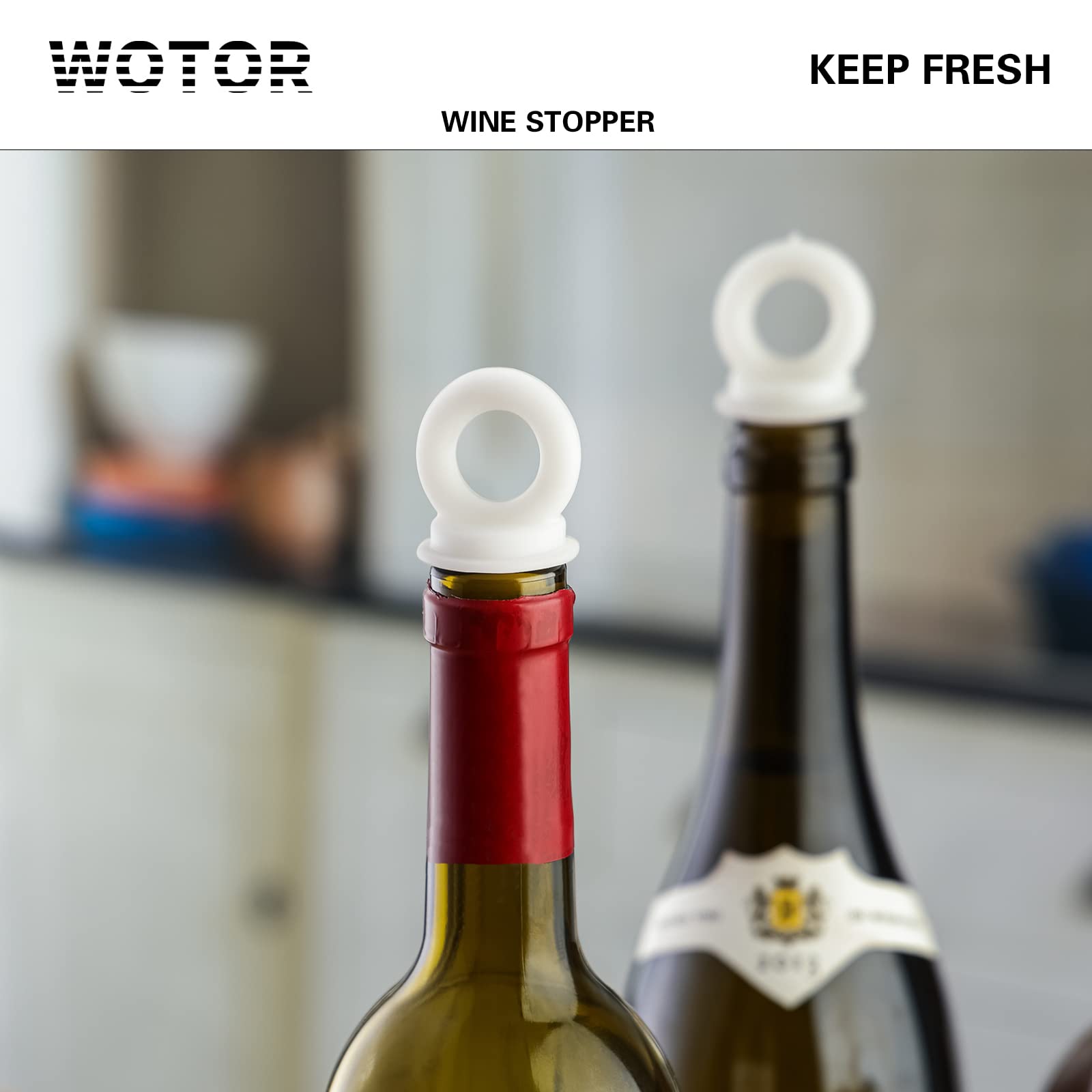 WOTOR Wine Stoppers for Wine Bottles，Reusable Silicone Wine Bottle Stopper with Ring Pull on Top for Keep the Wine Fresh, Set of 6, White