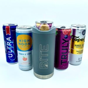 BITE Slim Shark Drink cooler| For slim can beverages. Built-in patent-pending opener. Beer, Seltzer, Soda, and Energy Drinks. | Gray