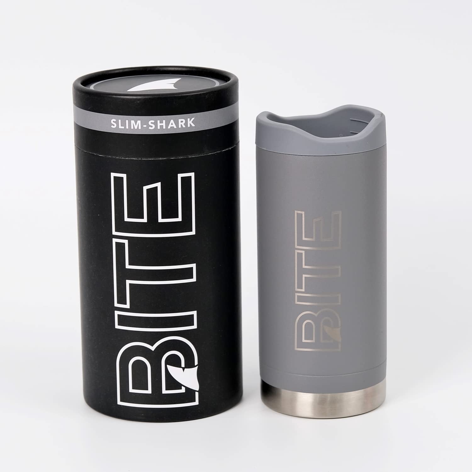 BITE Slim Shark Drink cooler| For slim can beverages. Built-in patent-pending opener. Beer, Seltzer, Soda, and Energy Drinks. | Gray