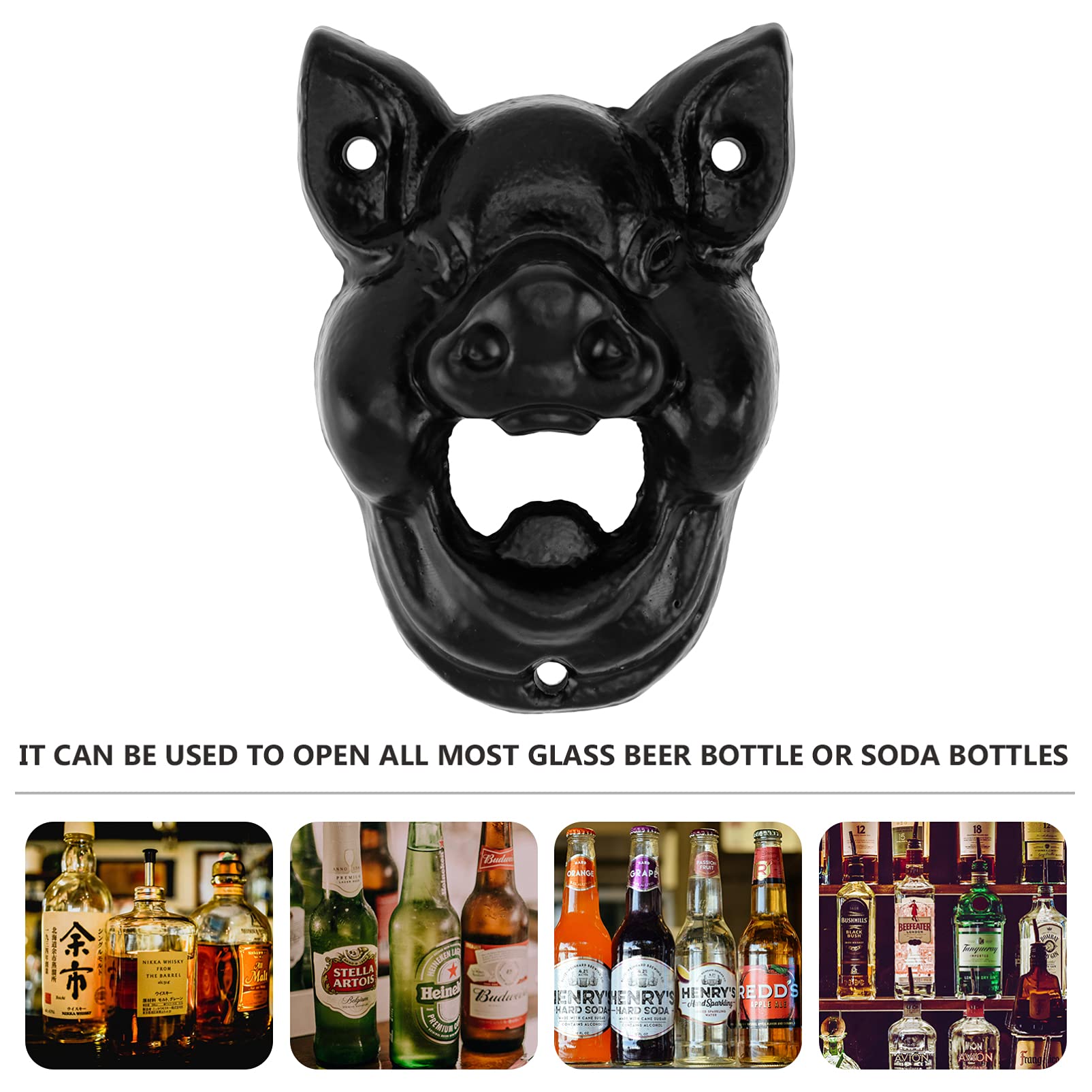 Amosfun Wall Mounted Bottle Opener Vintage Cast Iron Pig Head Beer Bottle Opener Animal Teeth Bite Beer Bartender Cap Open Tool for Bars KTV Hotels Housewarming Gift Black