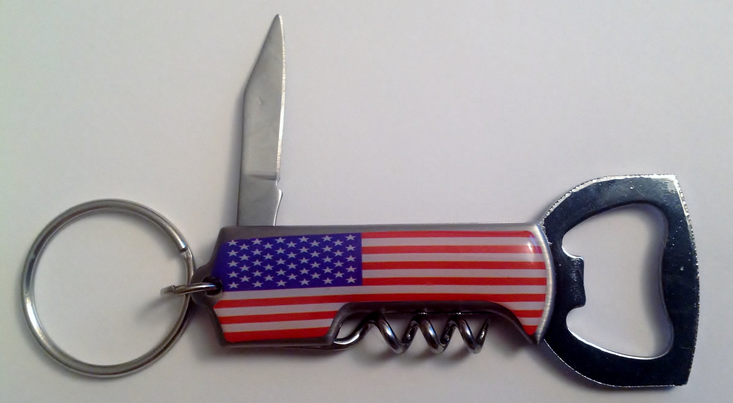 USA Flag 3 in 1 Metal Knife Corkscrew & Bottle Opener Key Ring