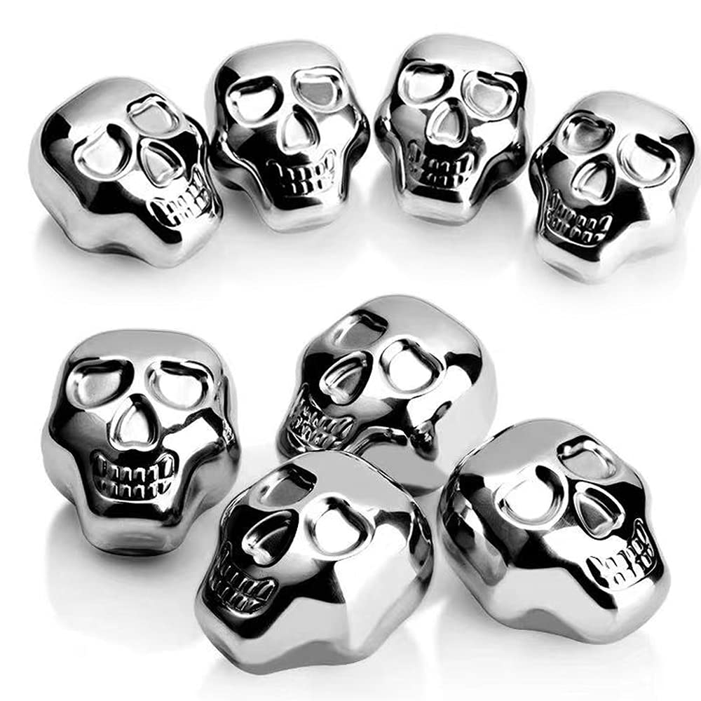 Reusable Stainless Steel Ice Cube Metal Whiskey Stones for Drinks Skull Shaped Set of 6 by i Kito